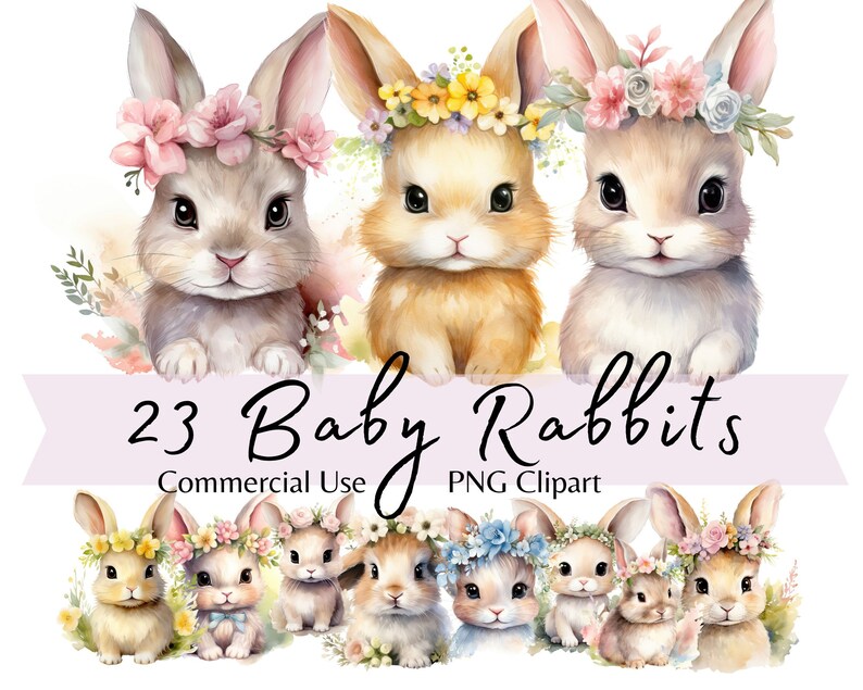 Cute Floral Baby Bunny Clipart, Watercolor Adorable Baby Rabbits With ...