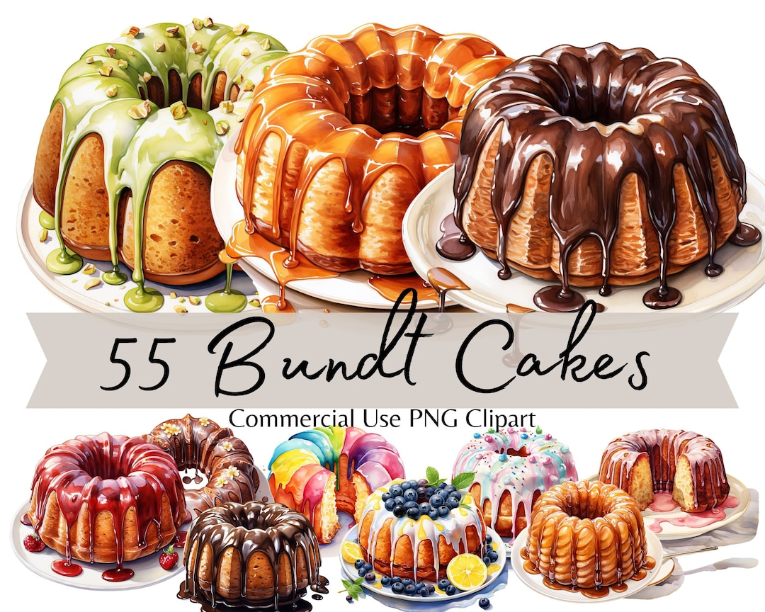 Watercolor Bundt Cake Clipart Bundle, Bakery Dessert PNG Graphics for ...