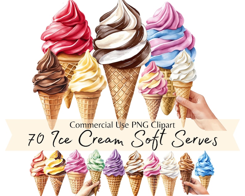 Watercolor Soft Serve Ice Cream Clipart Bundle, Sweet Summer Treats PNG ...