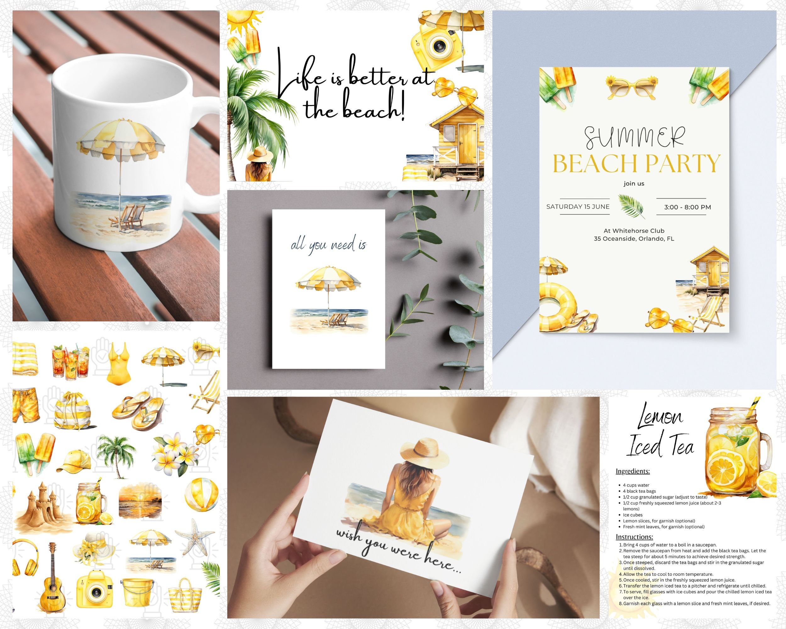 Summer on the Beach, Ocean Travel Digital Beach Clipart, Watercolor ...