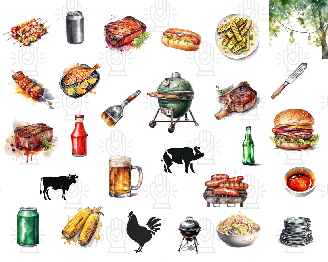 BBQ Summer Party, Grill Picnic Garden Clipart, Watercolor Barbecue Food ...