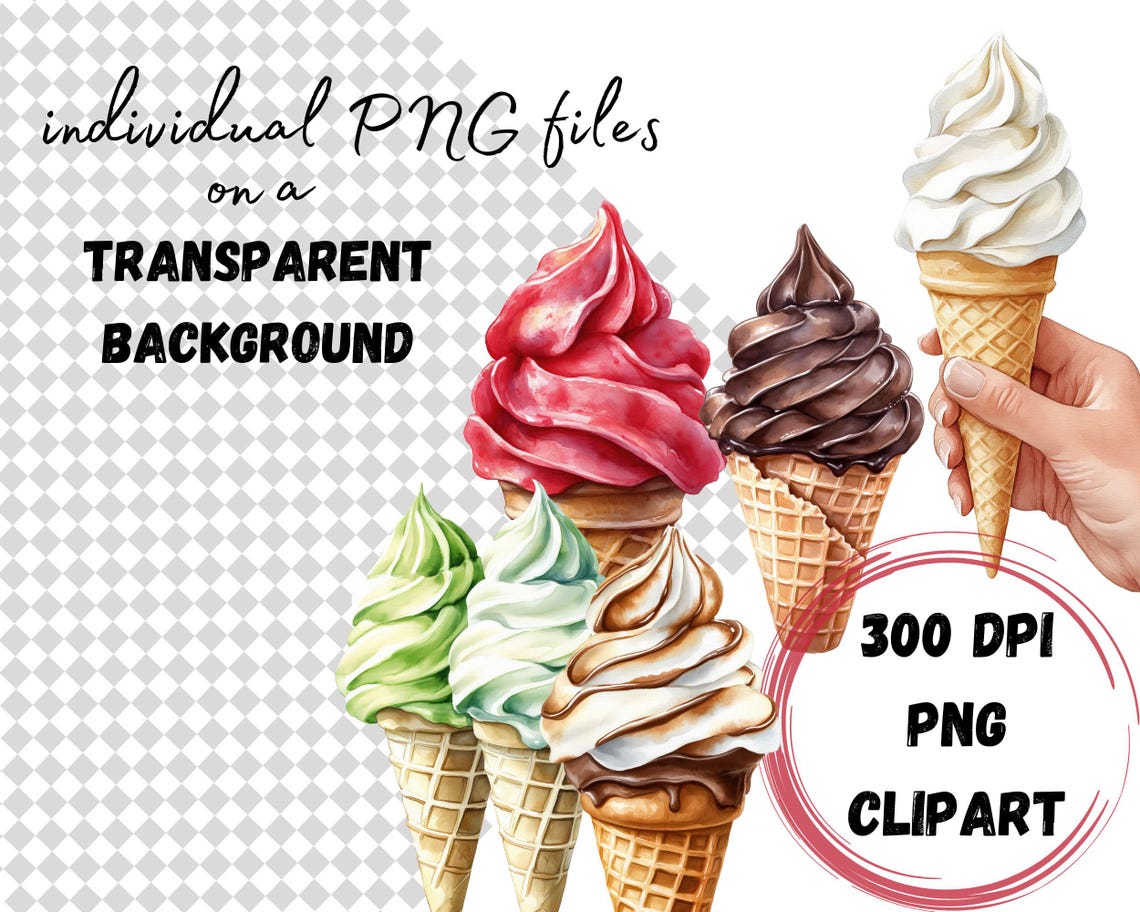 Watercolor Soft Serve Ice Cream Clipart Bundle, Sweet Summer Treats PNG ...