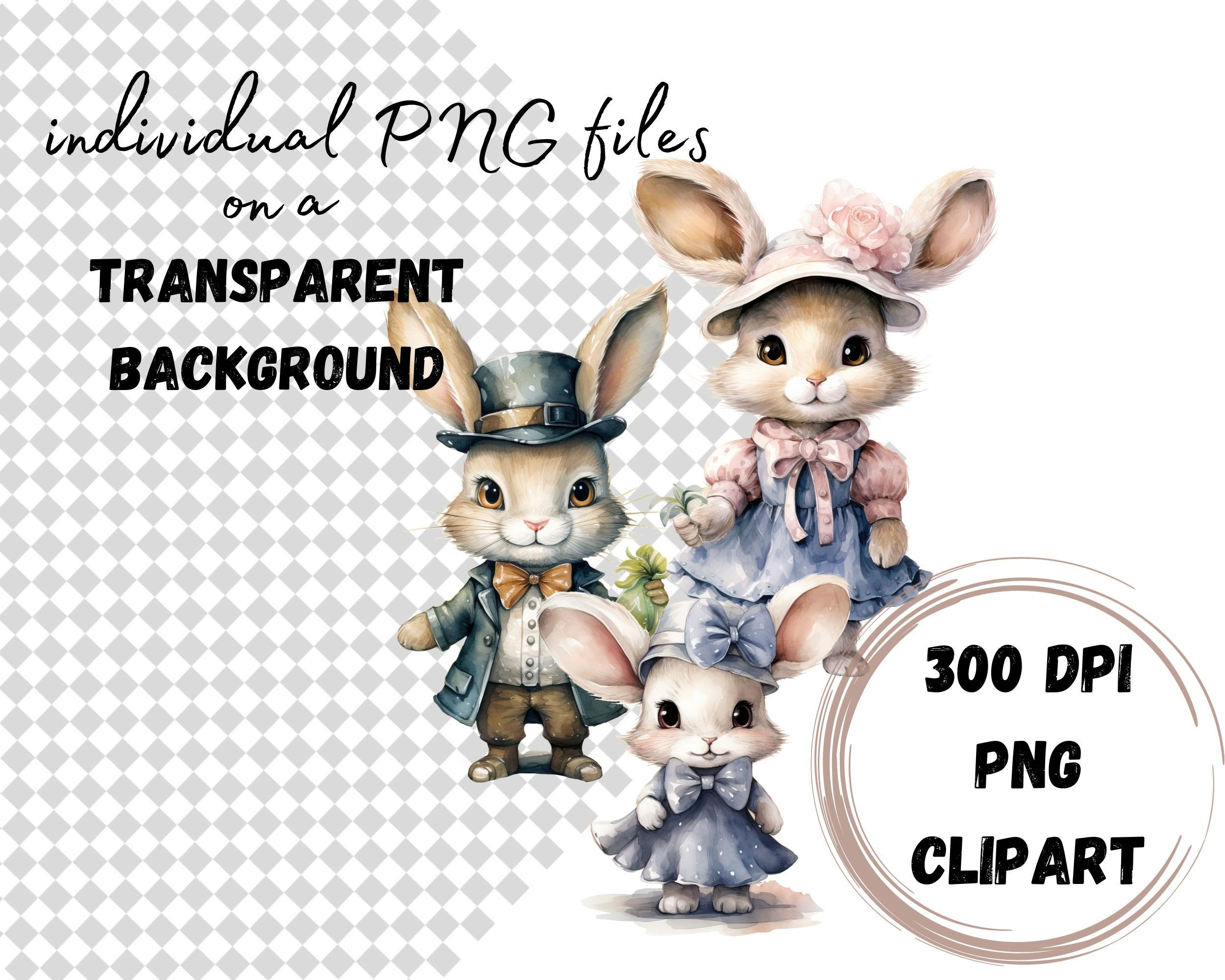 Watercolor Cute Bunny Clipart, Vintage Dressed Bunnies PNG, Nursery Art ...