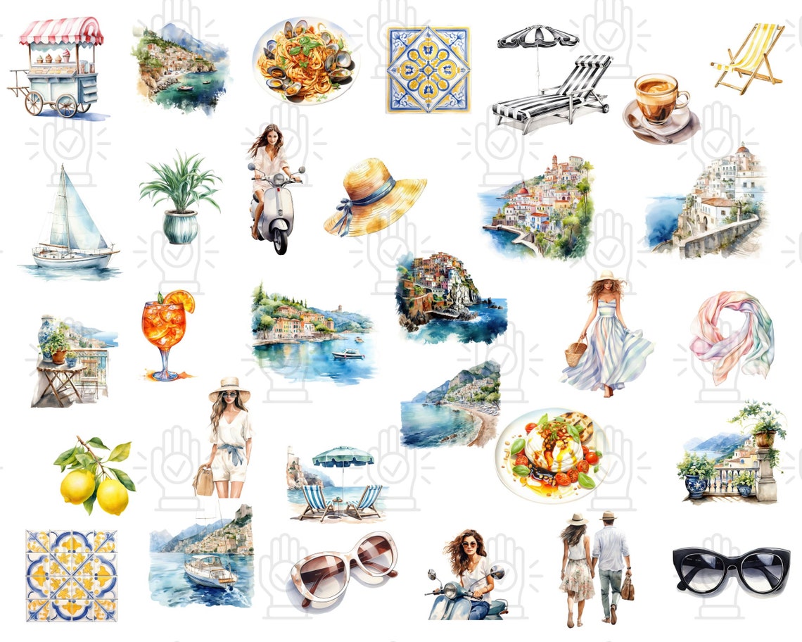 60 Amalfi Coast Italian Summer Watercolor Clipart Coastal - Etsy