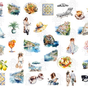 60 Amalfi Coast Italian Summer Watercolor Clipart, Coastal Italy ...