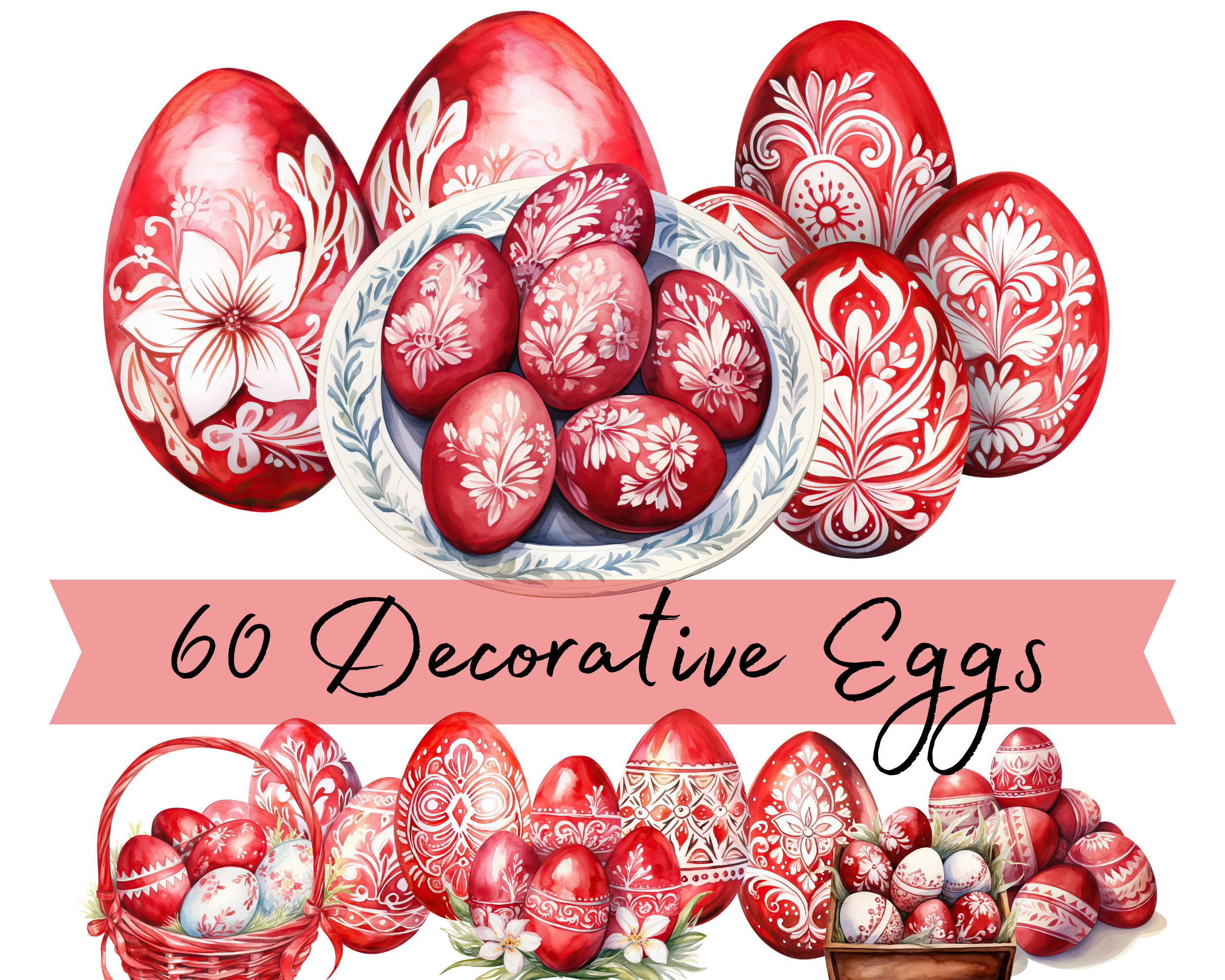 Red and White Decorative Easter Eggs Watercolor Clipart, Orthodox ...