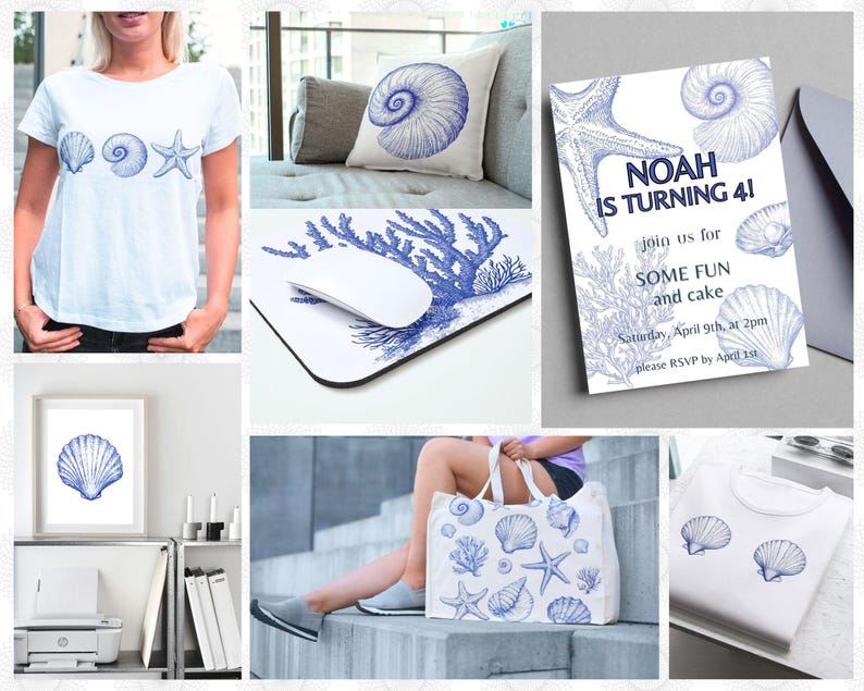 Blue Ink Seashells Clipart Bundle, Watercolor Nautical Ocean Elements ...