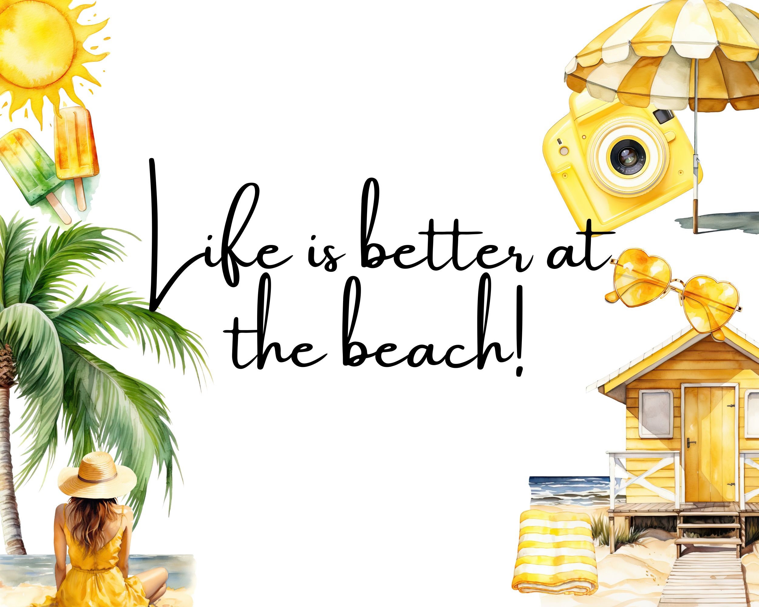 Summer on the Beach, Ocean Travel Digital Beach Clipart, Watercolor ...