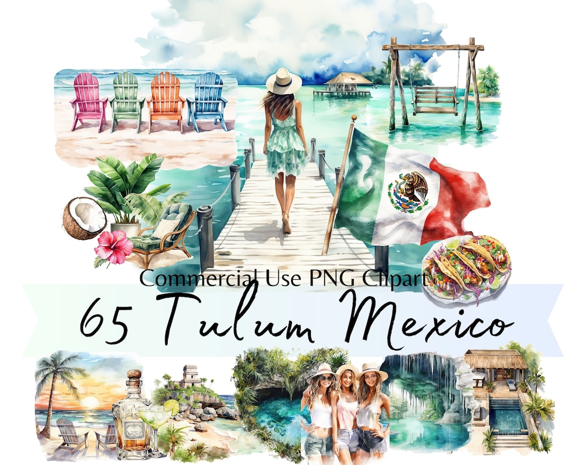 Watercolor Tulum Mexico Tropical Vacation Clipart, Tulum Vacation PNG ...
