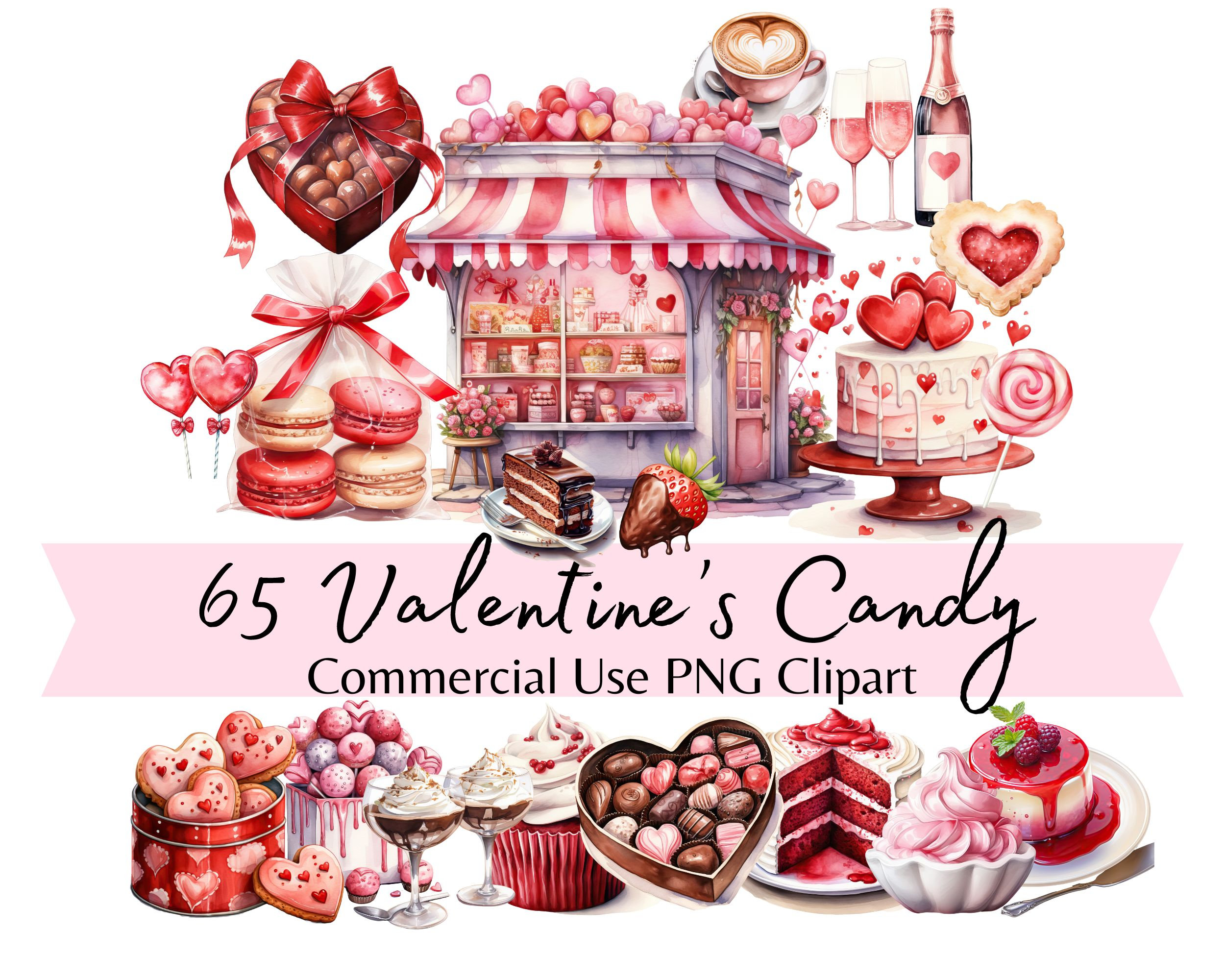 Valentines Day Sweets Candy and Cakes PNG Watercolor Clipart, Candy ...