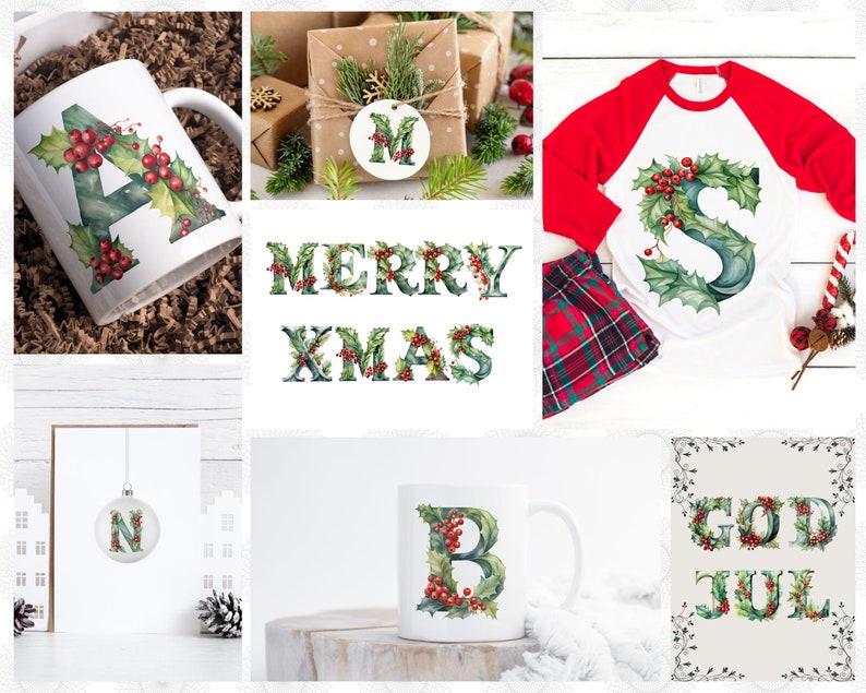 Christmas Holly Alphabet Watercolor PNG Clipart Bundle, English ...