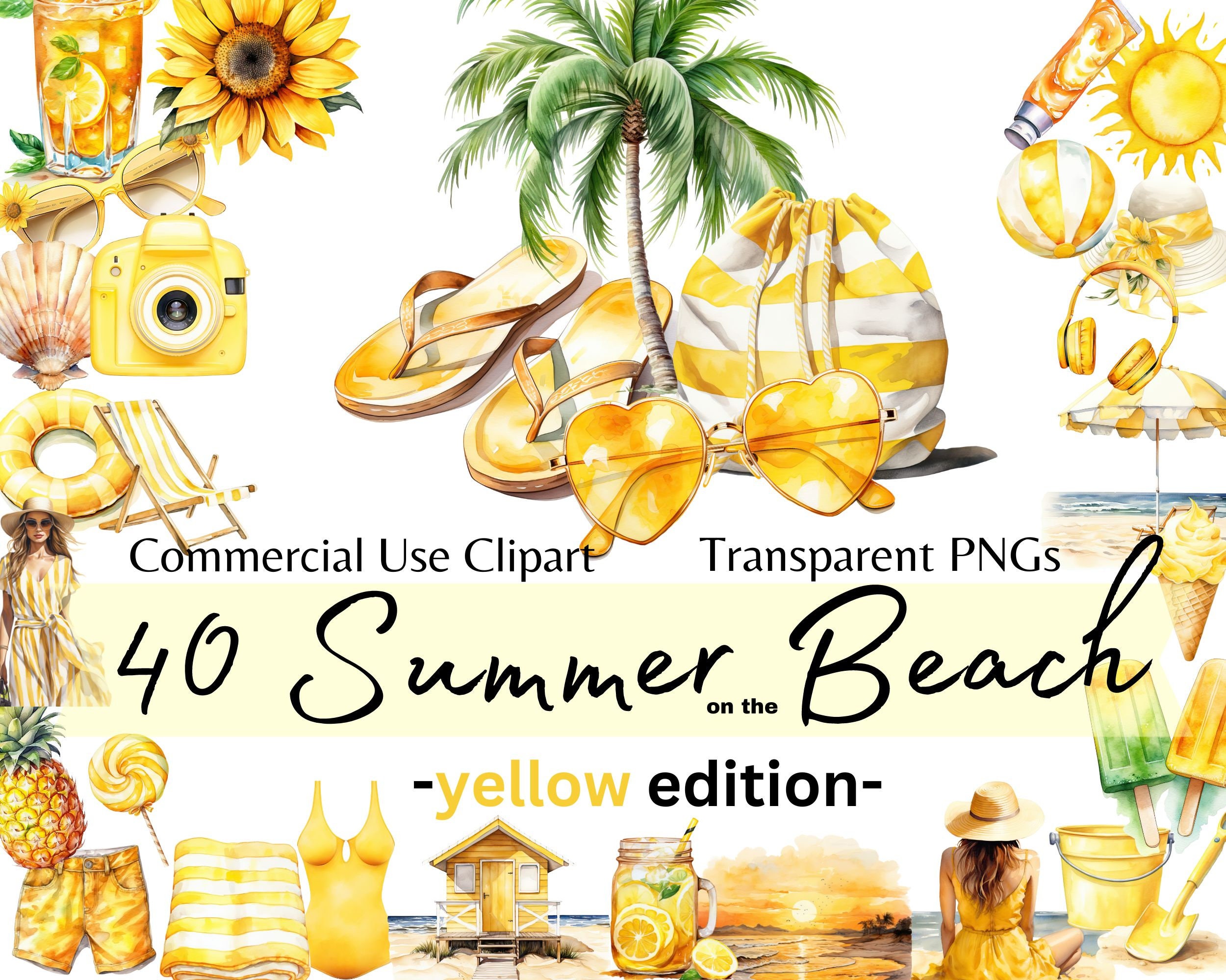 Summer on the Beach, Ocean Travel Digital Beach Clipart, Watercolor ...