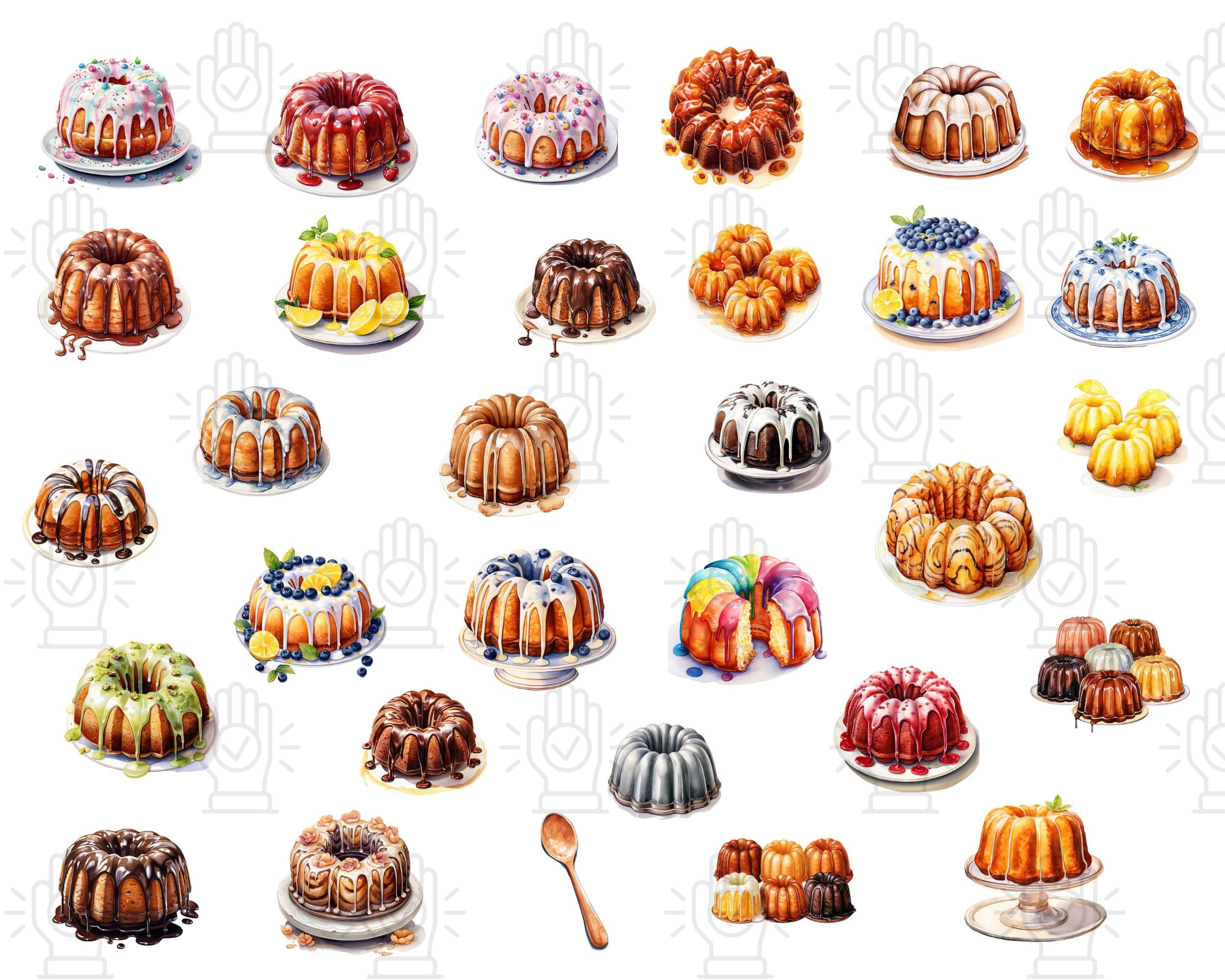 Watercolor Bundt Cake Clipart Bundle, Bakery Dessert PNG Graphics for ...