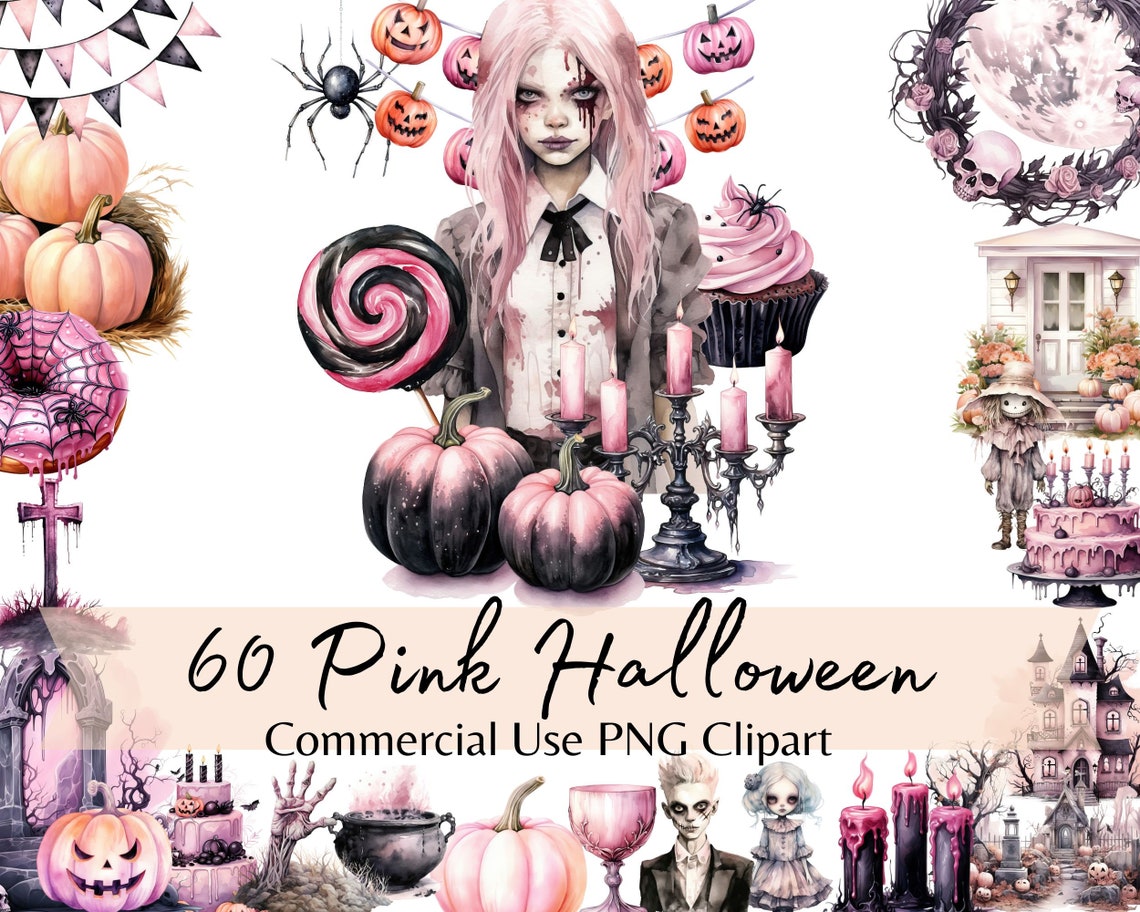 Pink Halloween Watercolor Clipart Collection PNG Bundle - Etsy