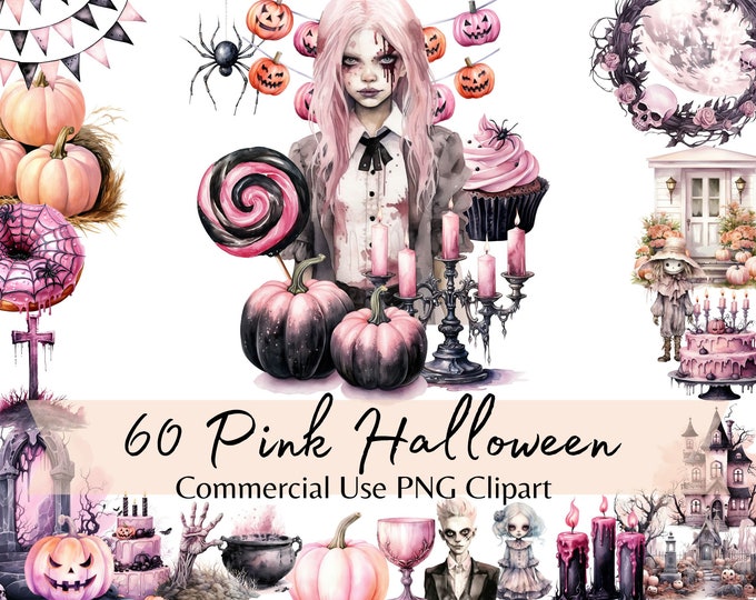 Pink Halloween Clipart Png Bundle, Pastel Halloween, Watercolor ...