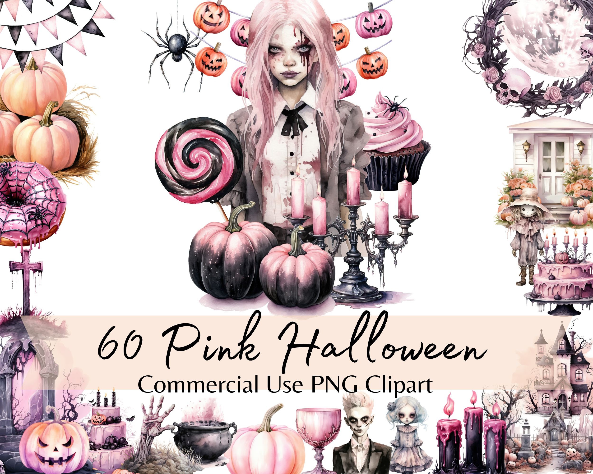 Pink Halloween Watercolor Clipart Collection, PNG Bundle Halloween ...