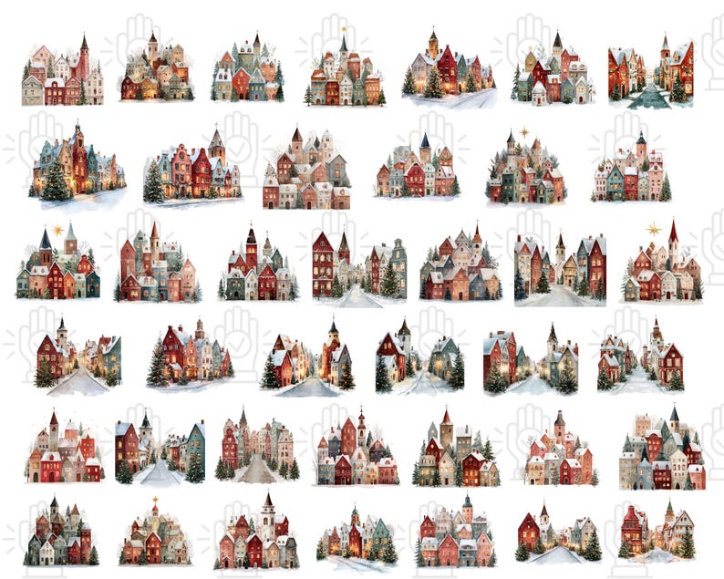 Christmas Village Clipart, Nordic Winter Red Houses PNG, Watercolor ...