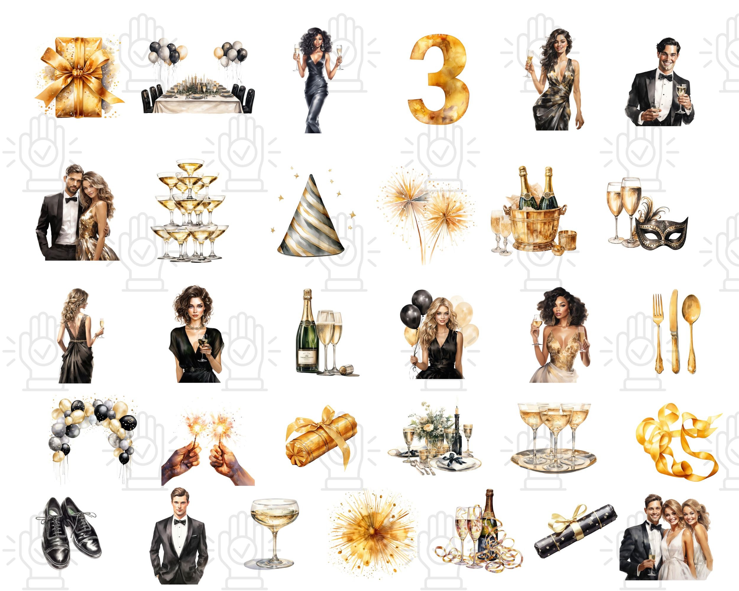 Black & Gold New Years Eve Party Watercolor Clipart, New Year ...