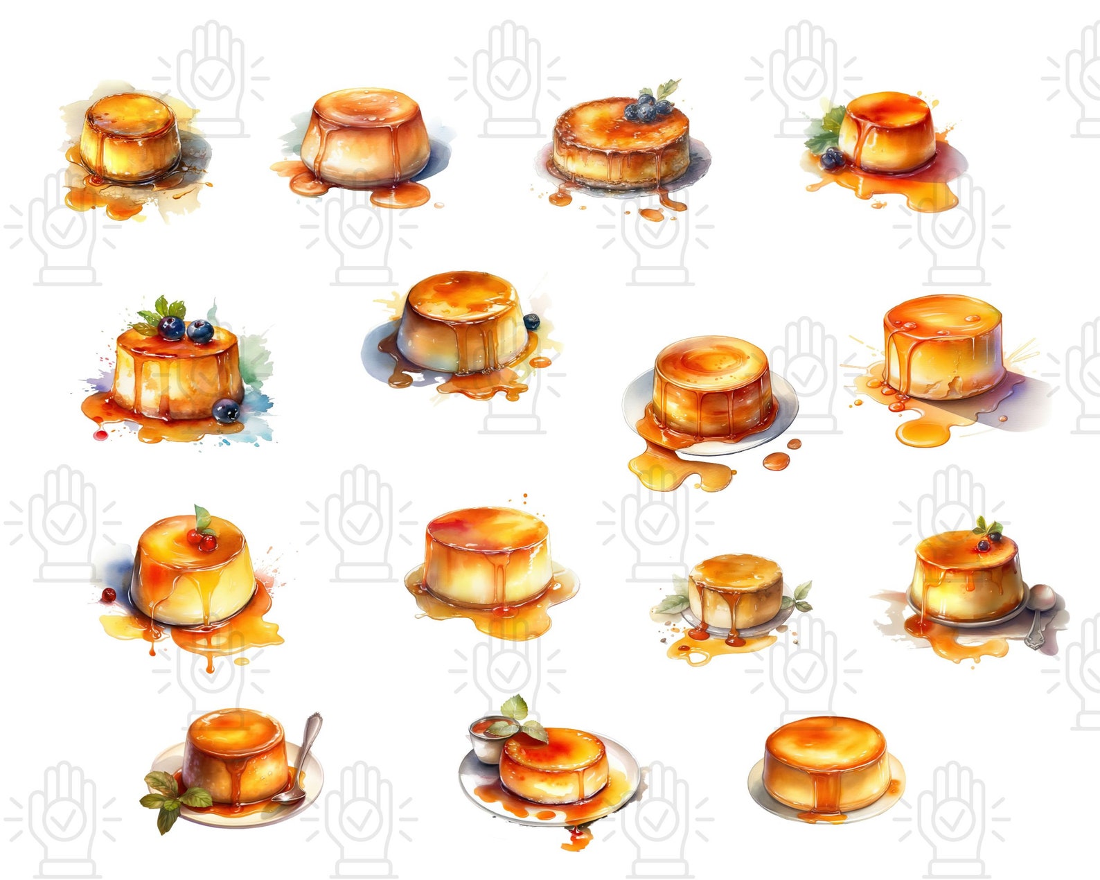 Watercolor Crème Caramel Clipart - Flan, Caramel Pudding and Sauce in ...