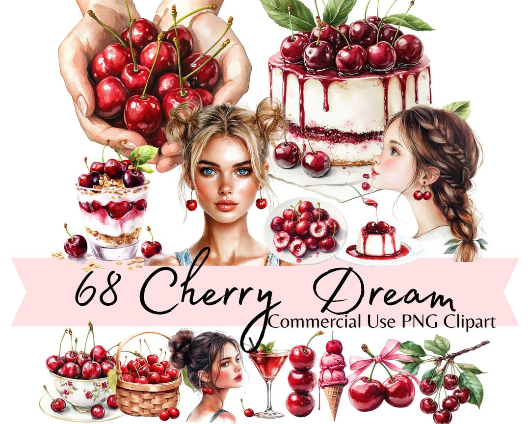 Cherry Watercolor Clipart Bundle, Digital Cherries PNG Graphics for ...