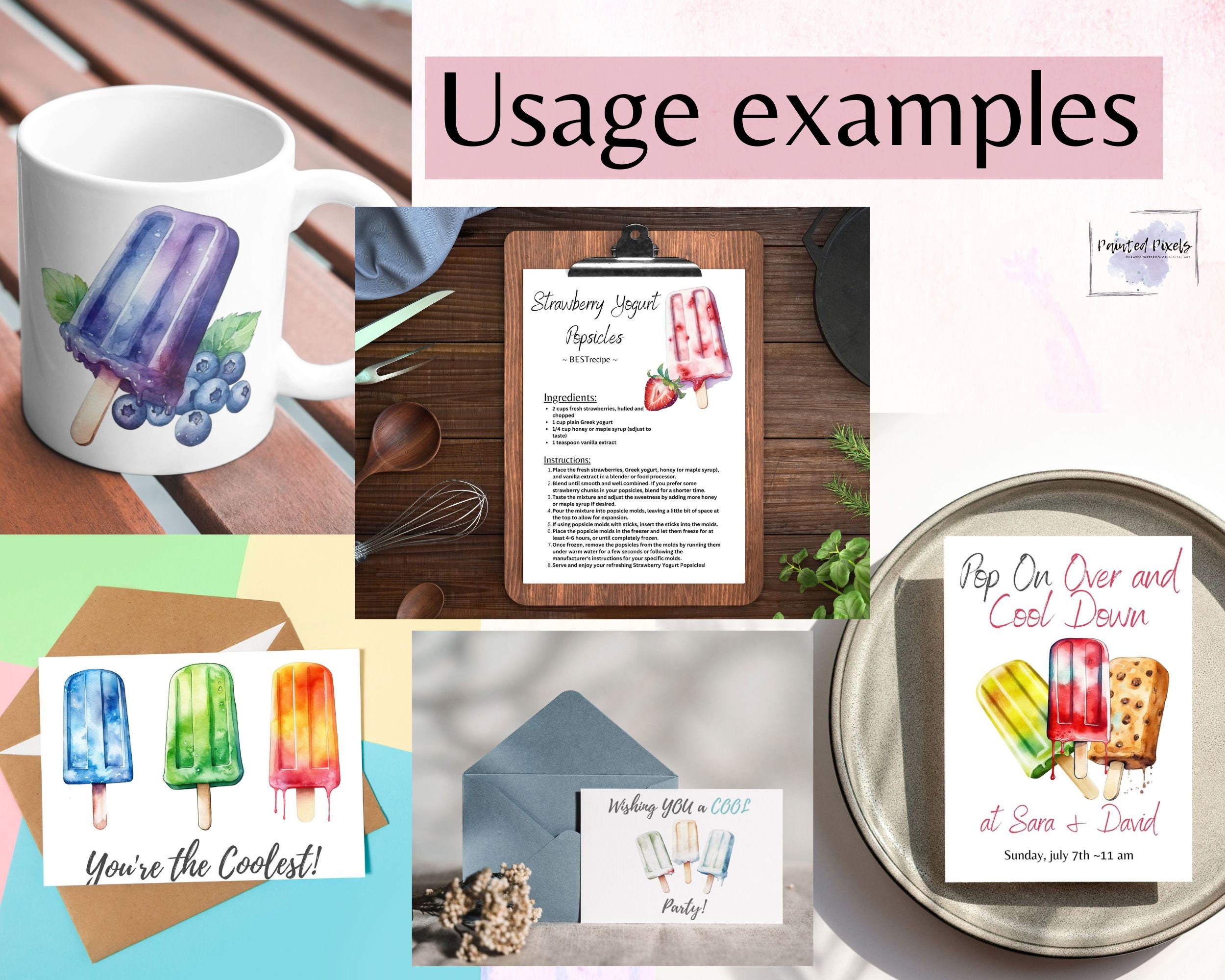 Watercolor Summer Popsicle Clipart, Big Bundle Ice Cream on a Stick ...