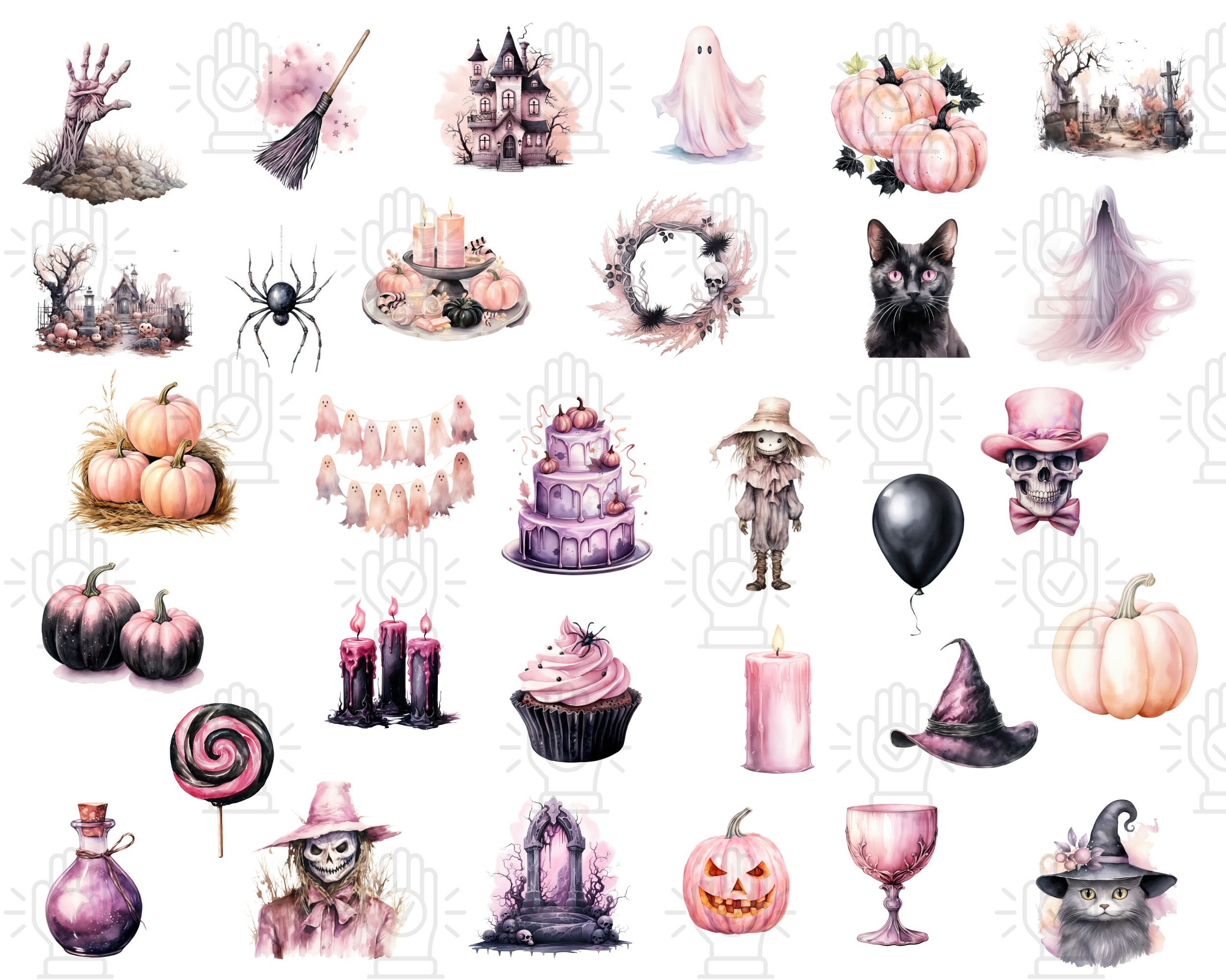 Pink Halloween Watercolor Clipart Collection, PNG Bundle Halloween ...