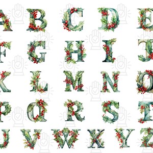 Christmas Holly Alphabet Watercolor PNG Clipart Bundle, English ...
