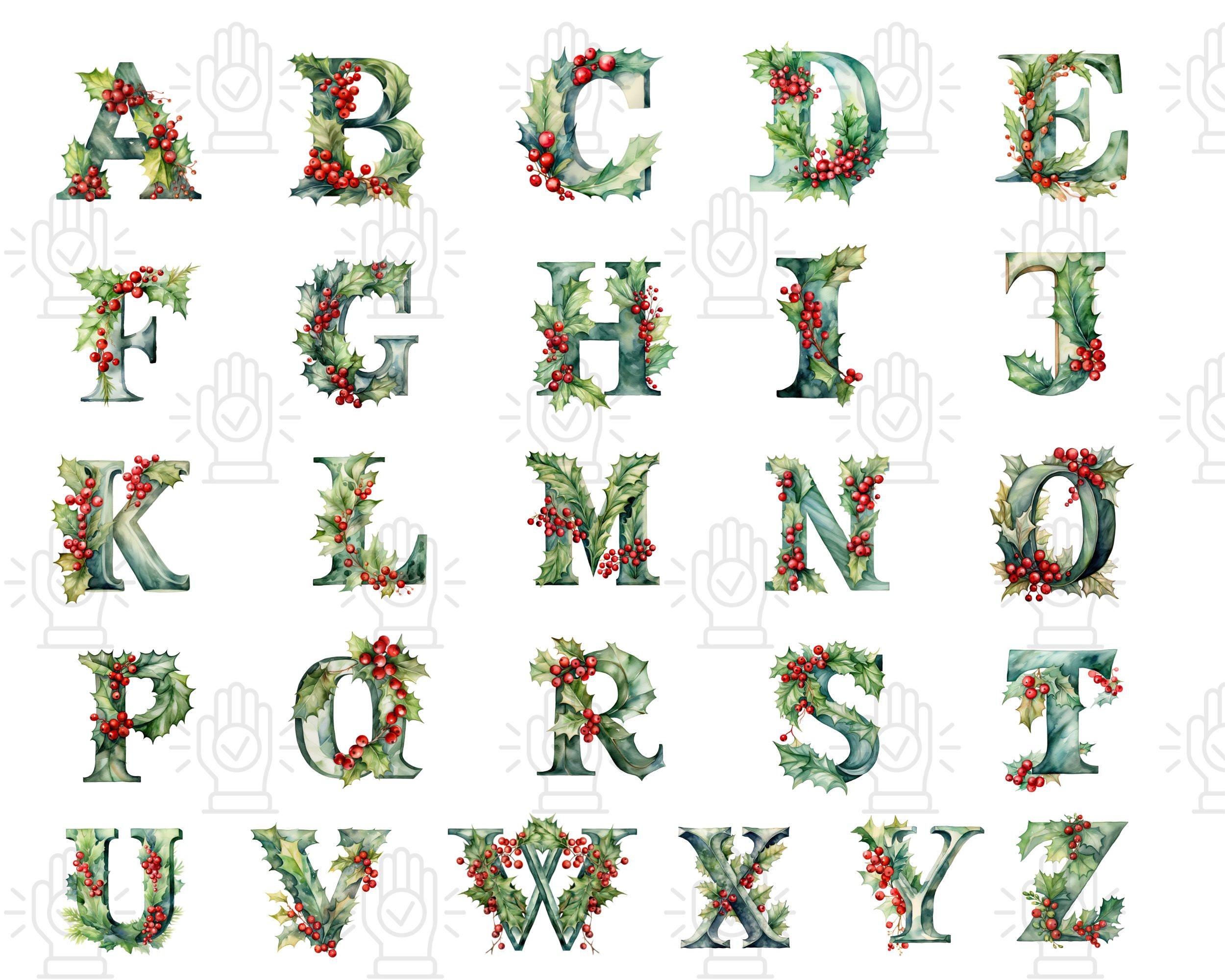 Christmas Holly Alphabet Watercolor PNG Clipart Bundle, English ...