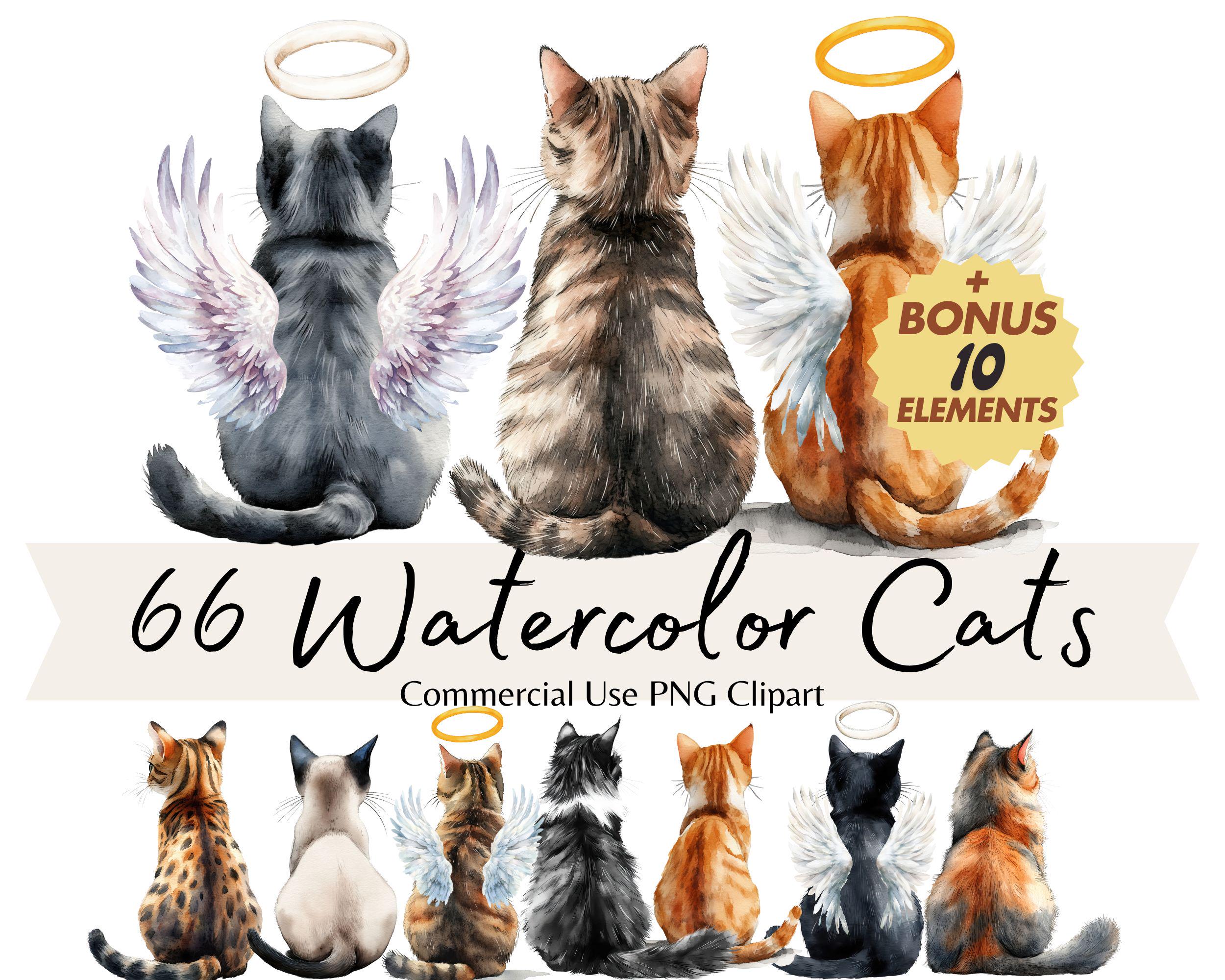 Watercolor Cat Breeds Back View Clipart Bundle, Cat Angel Wings, Halo ...