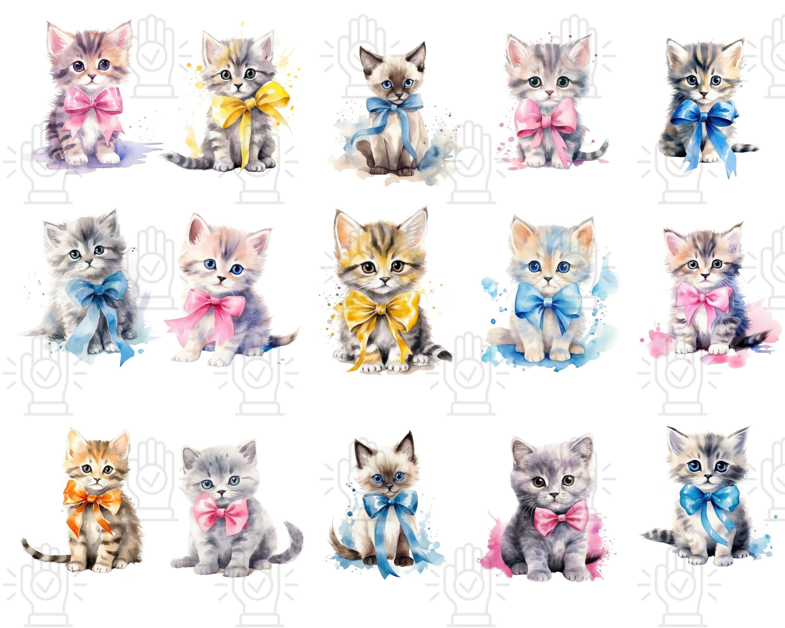 Cute Watercolor Kittens and Ribbons Clipart, Kitten Portraits Digital ...