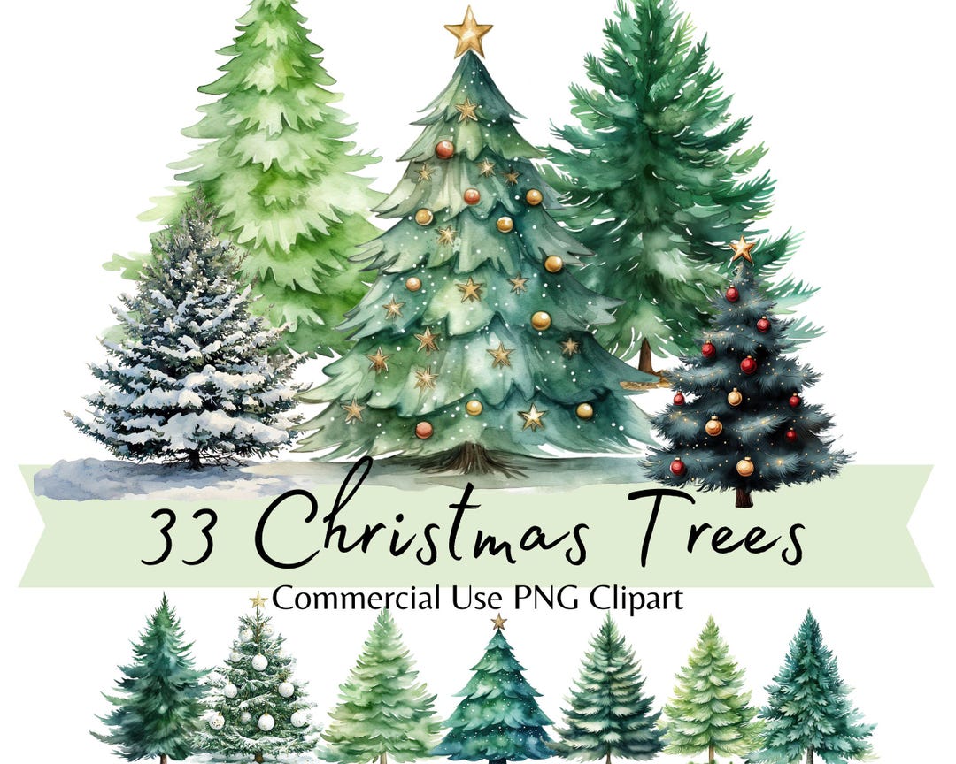 Christmas Trees Watercolor Clipart, Winter Pine Trees and Firs Holiday ...