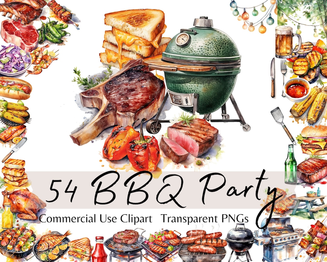 BBQ Summer Party, Grill Picnic Garden Clipart, Watercolor Barbecue Food ...