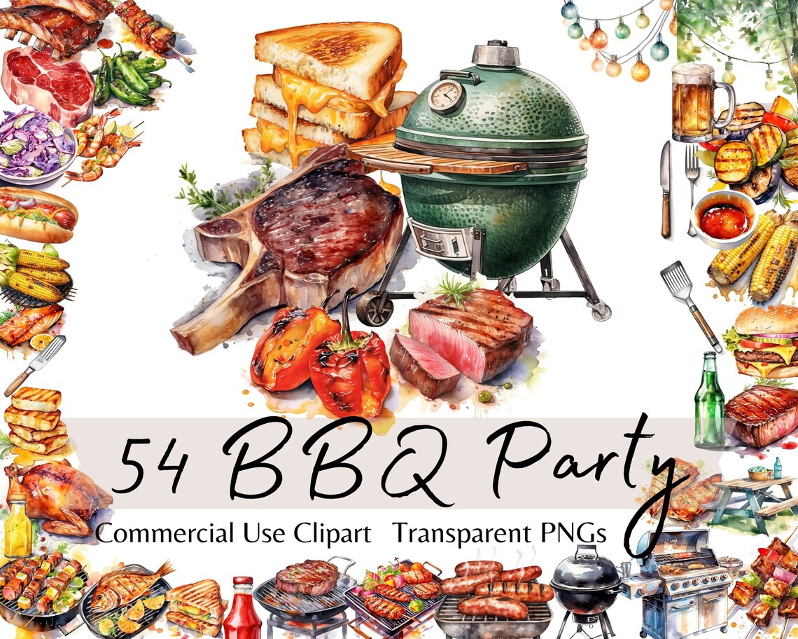 BBQ Summer Party, Grill Picnic Garden Clipart, Watercolor Barbecue Food ...