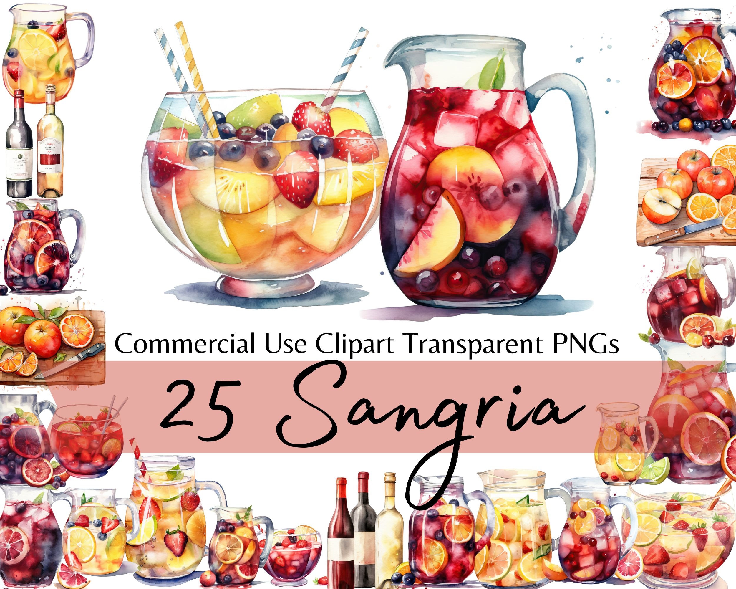 Sangria Watercolor Clipart for Summer, Red Wine and White Wine Sangria ...