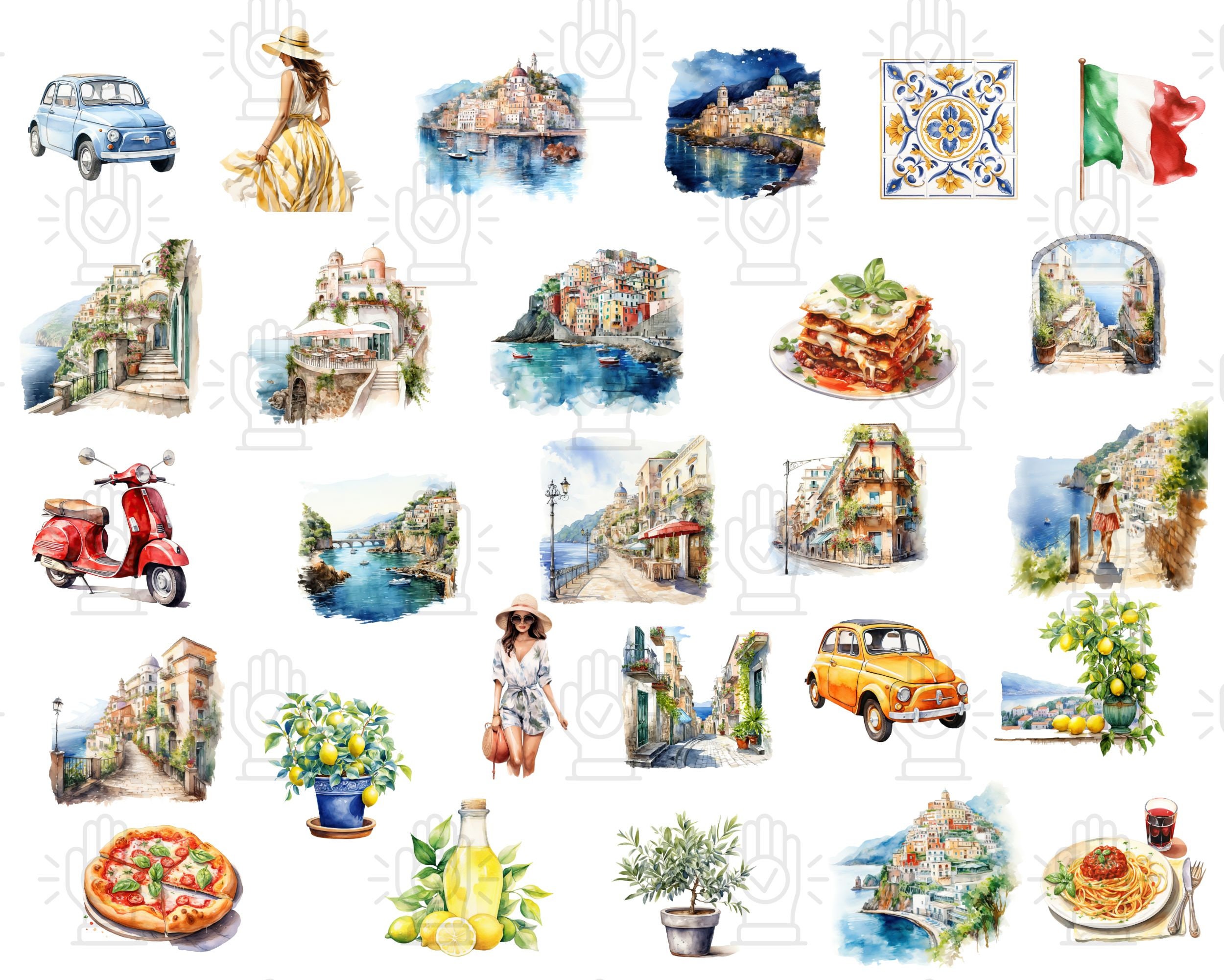 60 Amalfi Coast Italian Summer Watercolor Clipart Coastal - Etsy