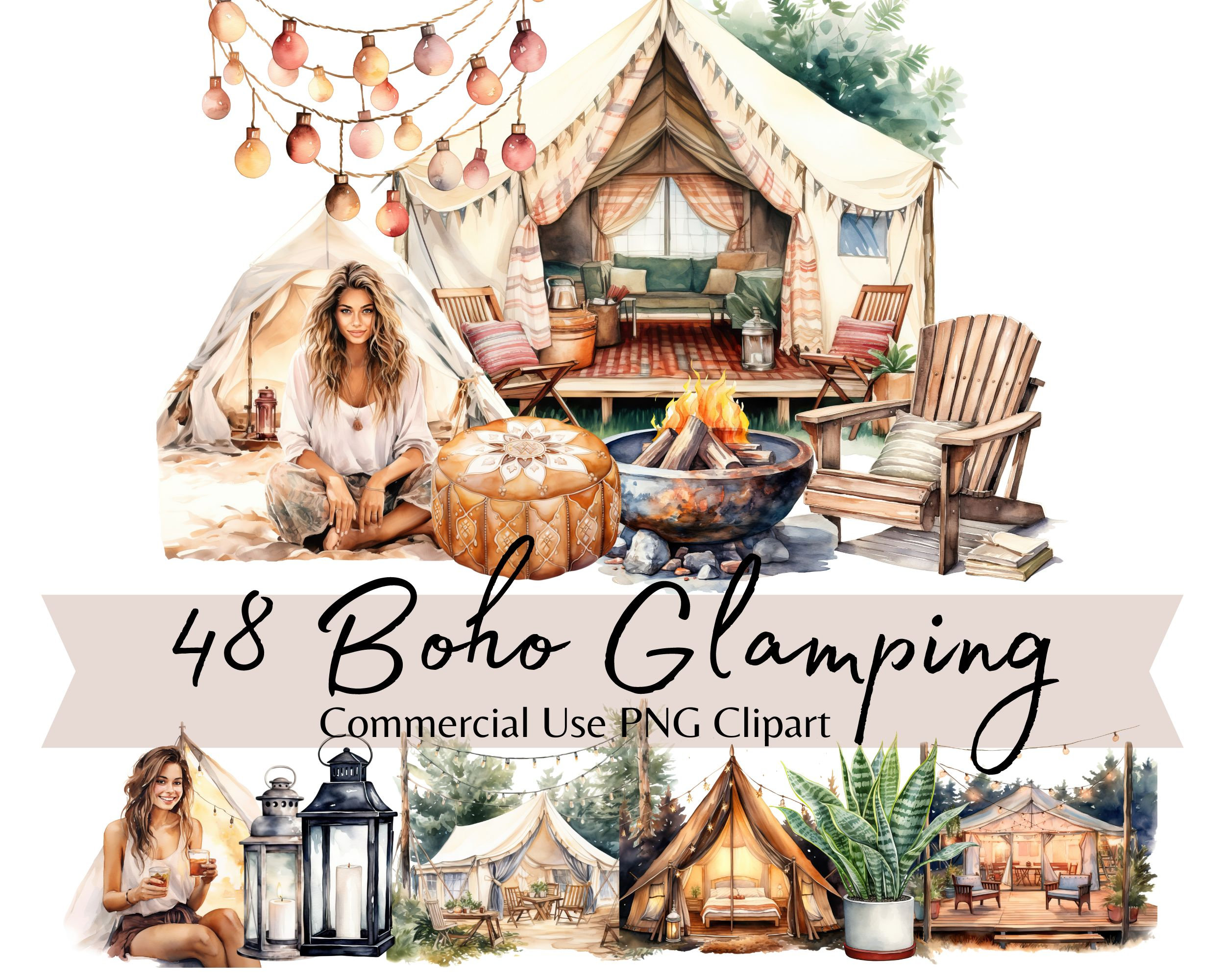 Boho Glamping Clipart, Watercolor Luxury Camping PNG Illustrations ...