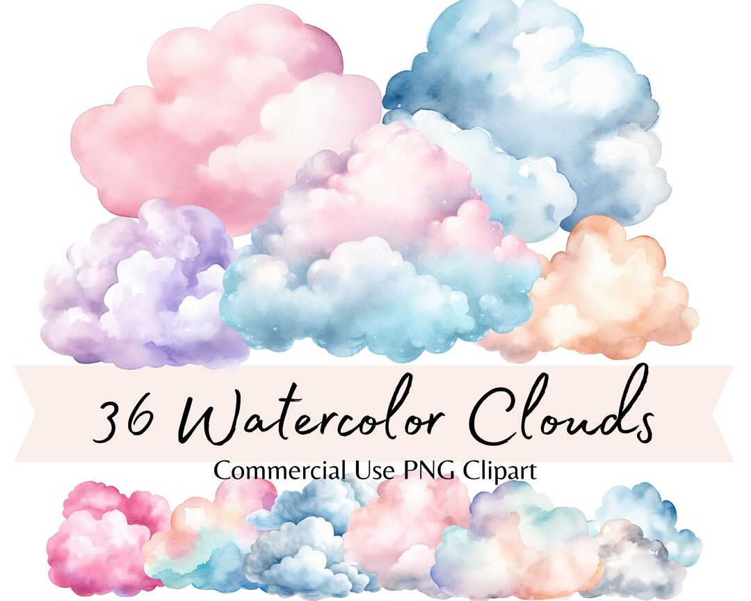 Watercolor Clouds Clipart Set, Pastel Cloud Sky Elements, Transparent ...