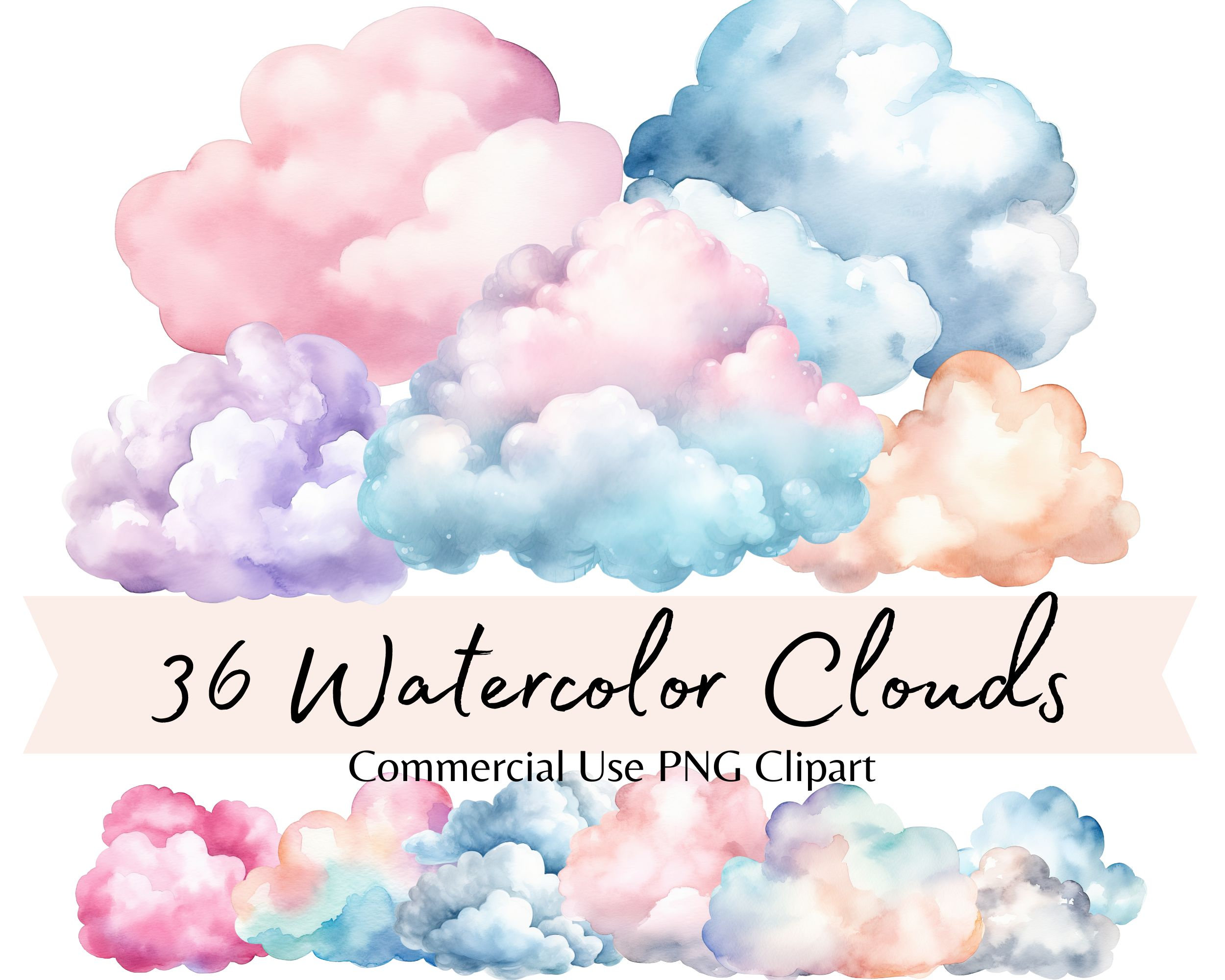 Watercolor Clouds Clipart Set, Pastel Cloud Sky Elements, Transparent ...