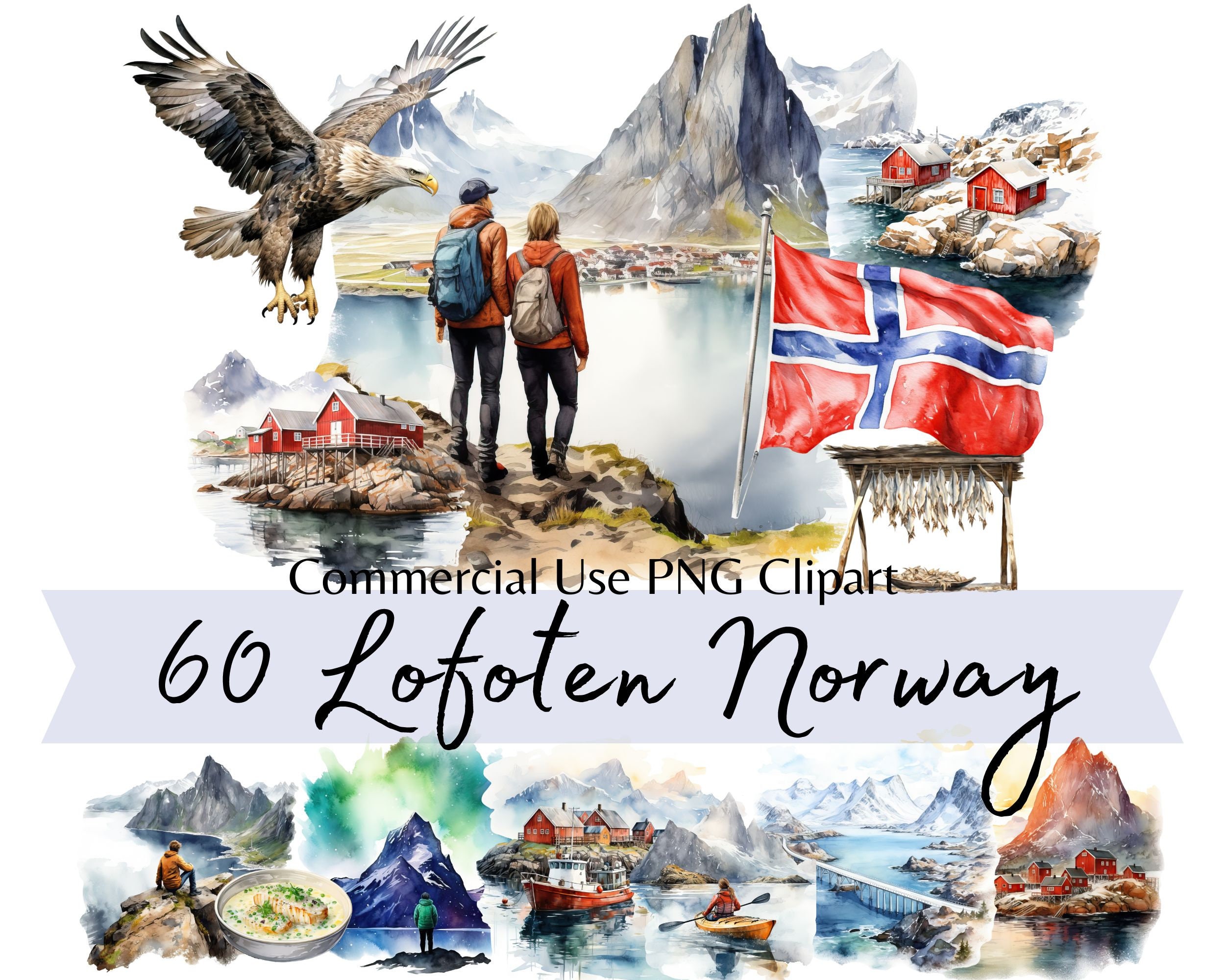 Lofoten Islands Norway Watercolor Clipart, Norwegian Fjord Islands ...