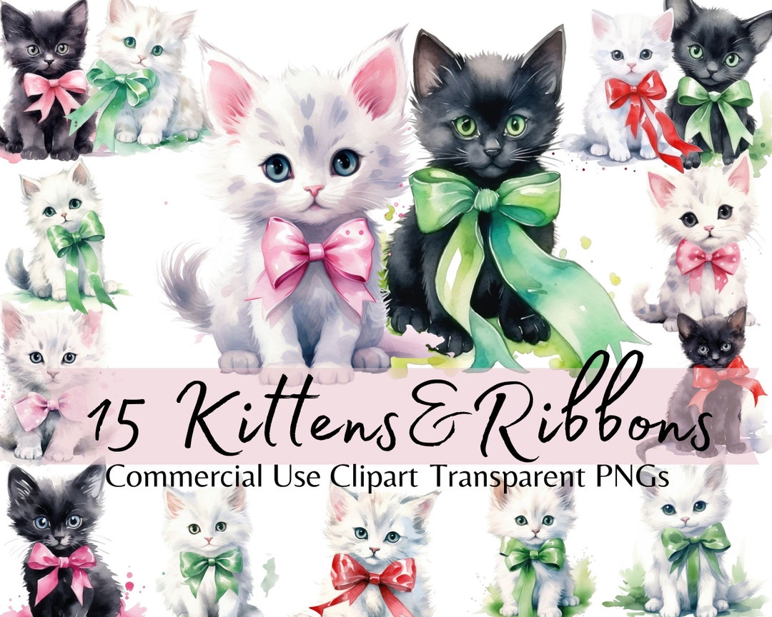 Cute Watercolor Kittens and Ribbons Clipart, Kitten Portraits Digital ...