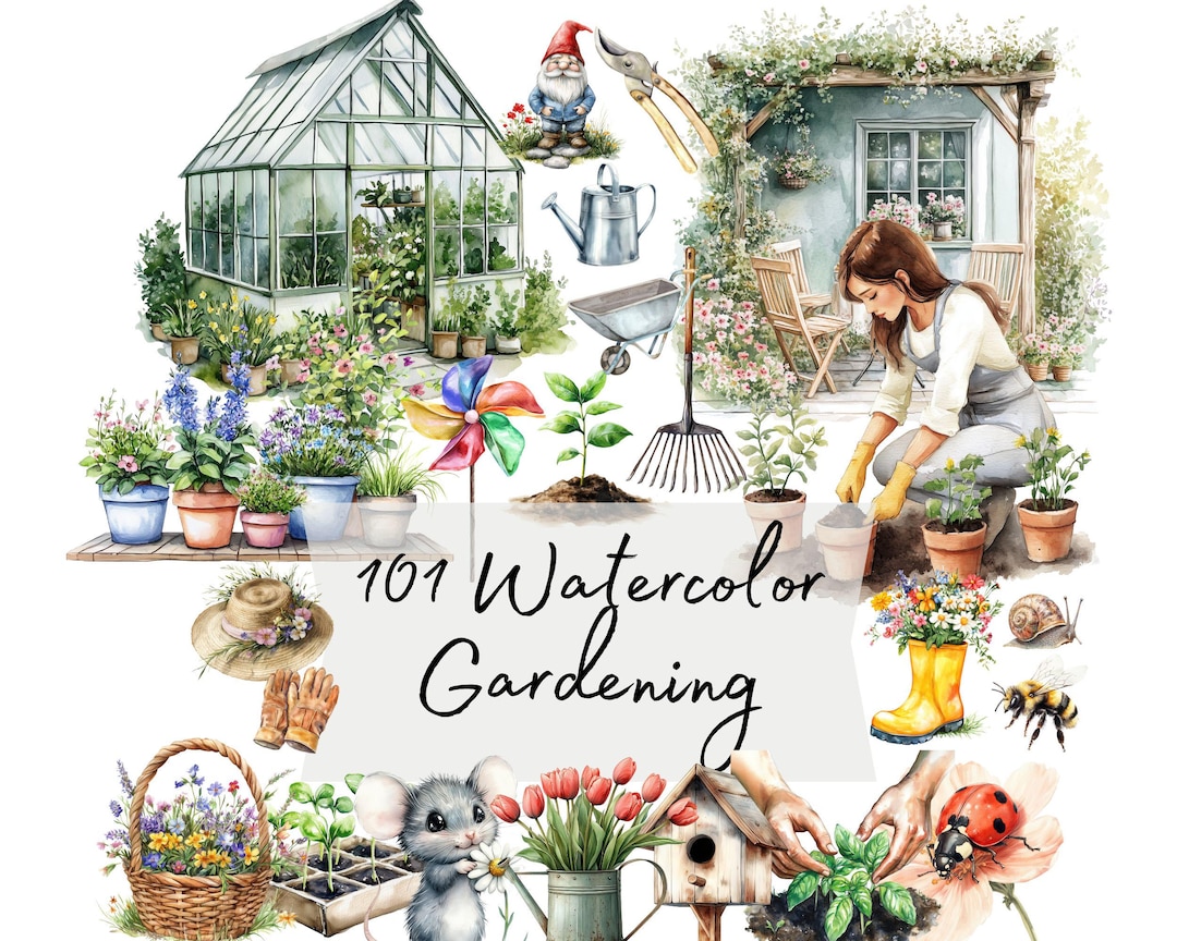 Watercolor Gardening Clipart Bundle, Cottagecore Garden Tools, Flowers ...