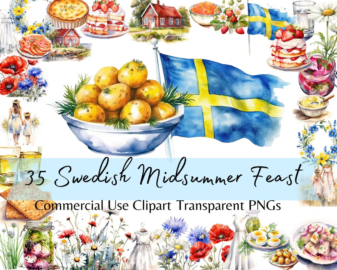 Swedish Midsummer Party Clipart, Scandinavian Watercolor Spring Food ...