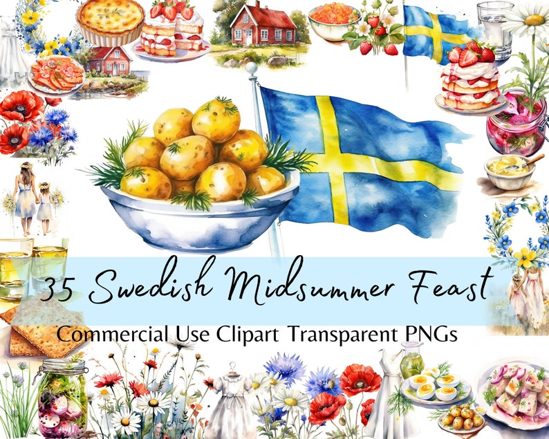 Swedish Midsummer Party Clipart Scandinavian Watercolor - Etsy