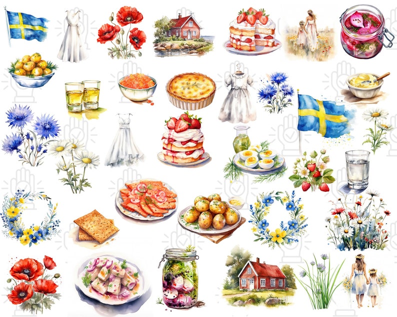 Swedish Midsummer Party Clipart Scandinavian Watercolor - Etsy