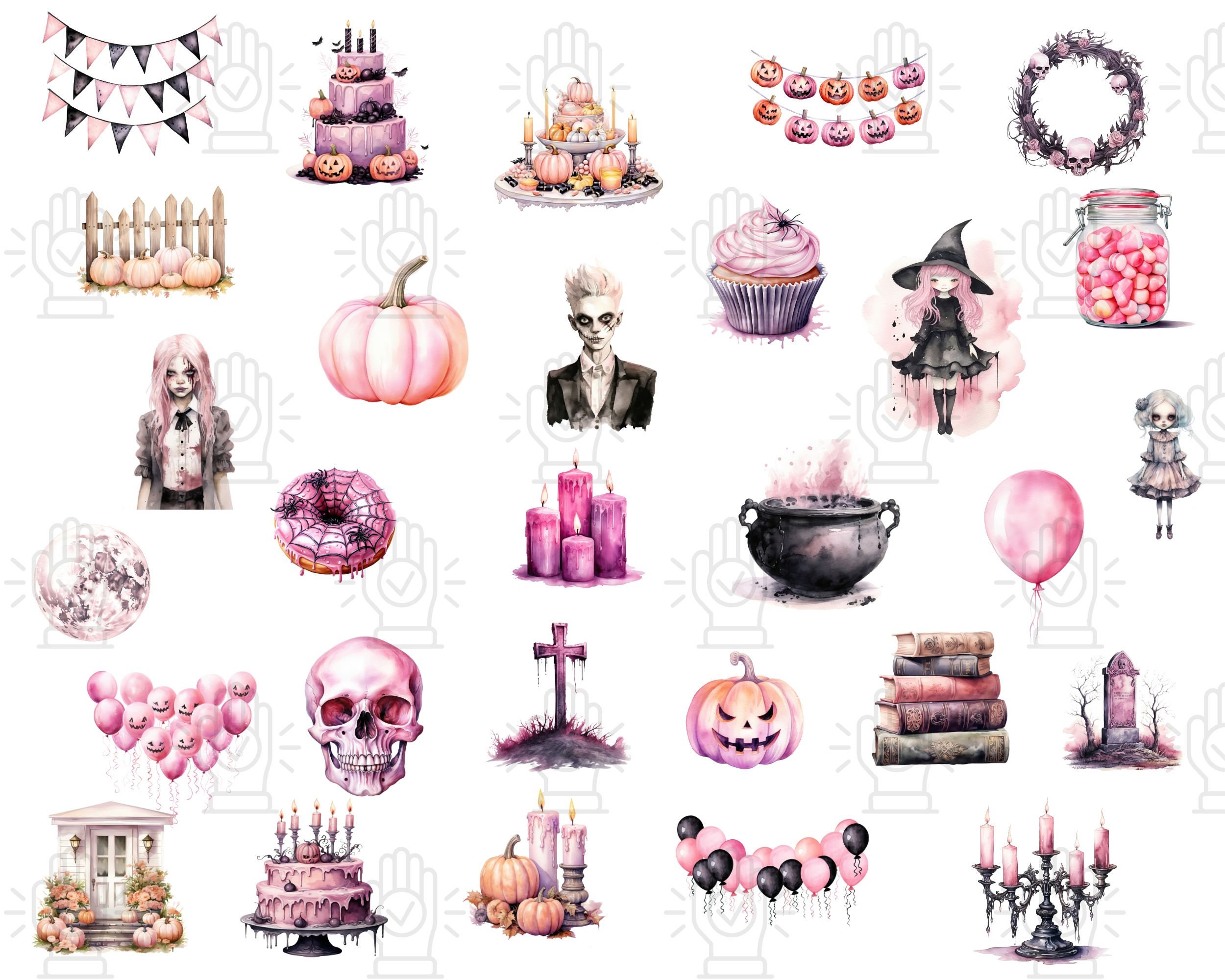 Pink Halloween Watercolor Clipart Collection, PNG Bundle Halloween ...