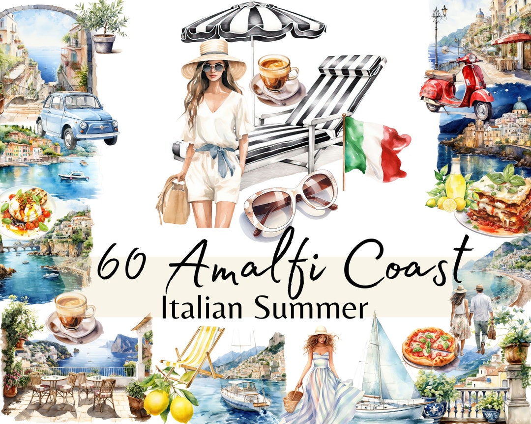 60 Amalfi Coast Italian Summer Watercolor Clipart, Coastal Italy ...