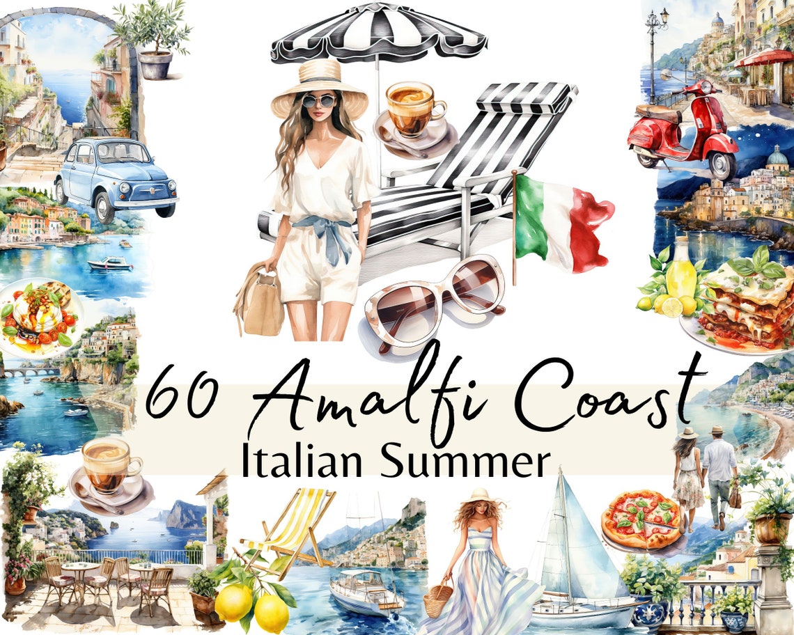 60 Amalfi Coast Italian Summer Watercolor Clipart, Coastal Italy ...