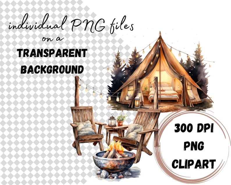 Boho Glamping Clipart, Watercolor Luxury Camping PNG Illustrations ...