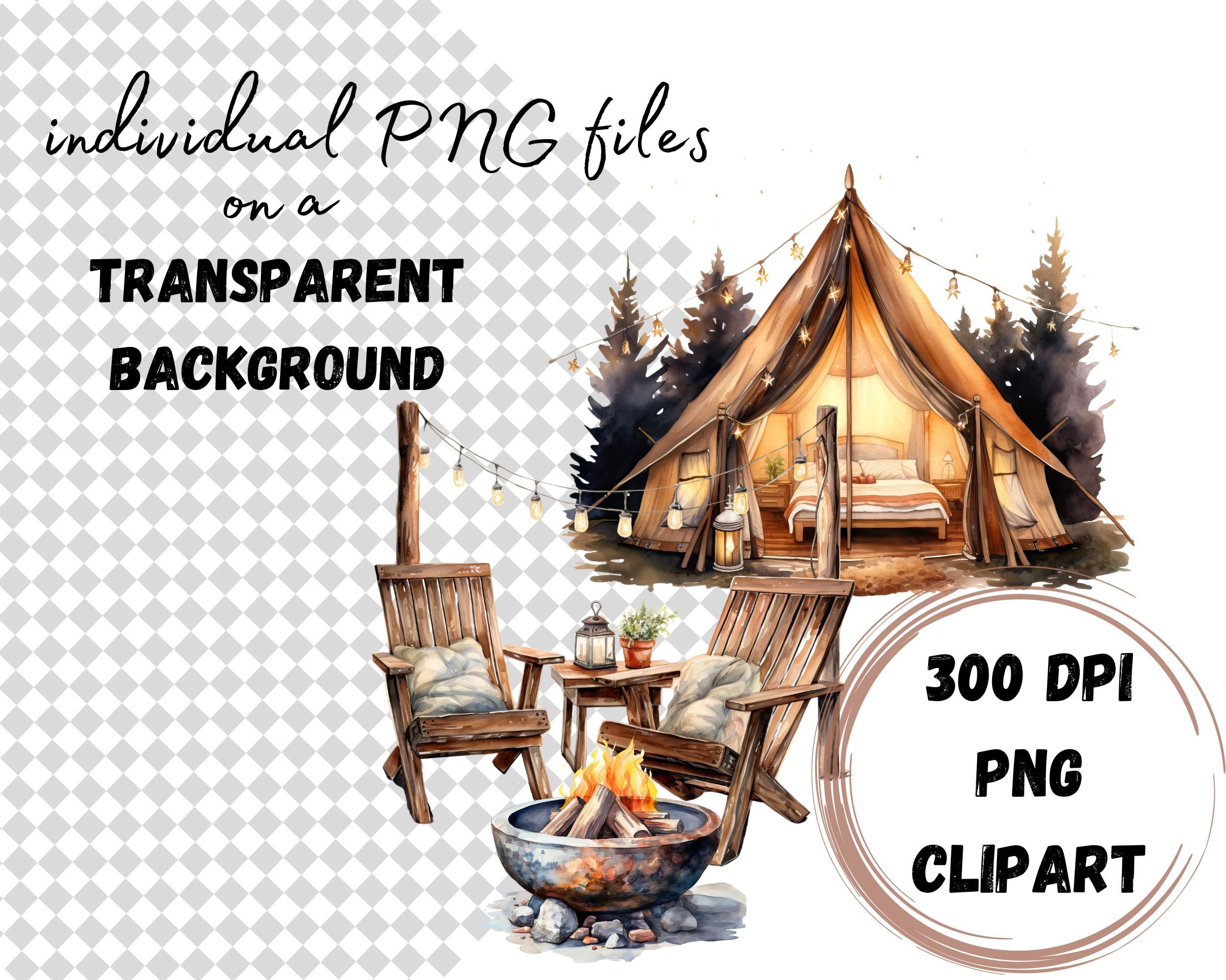 Boho Glamping Clipart, Watercolor Luxury Camping PNG Illustrations ...
