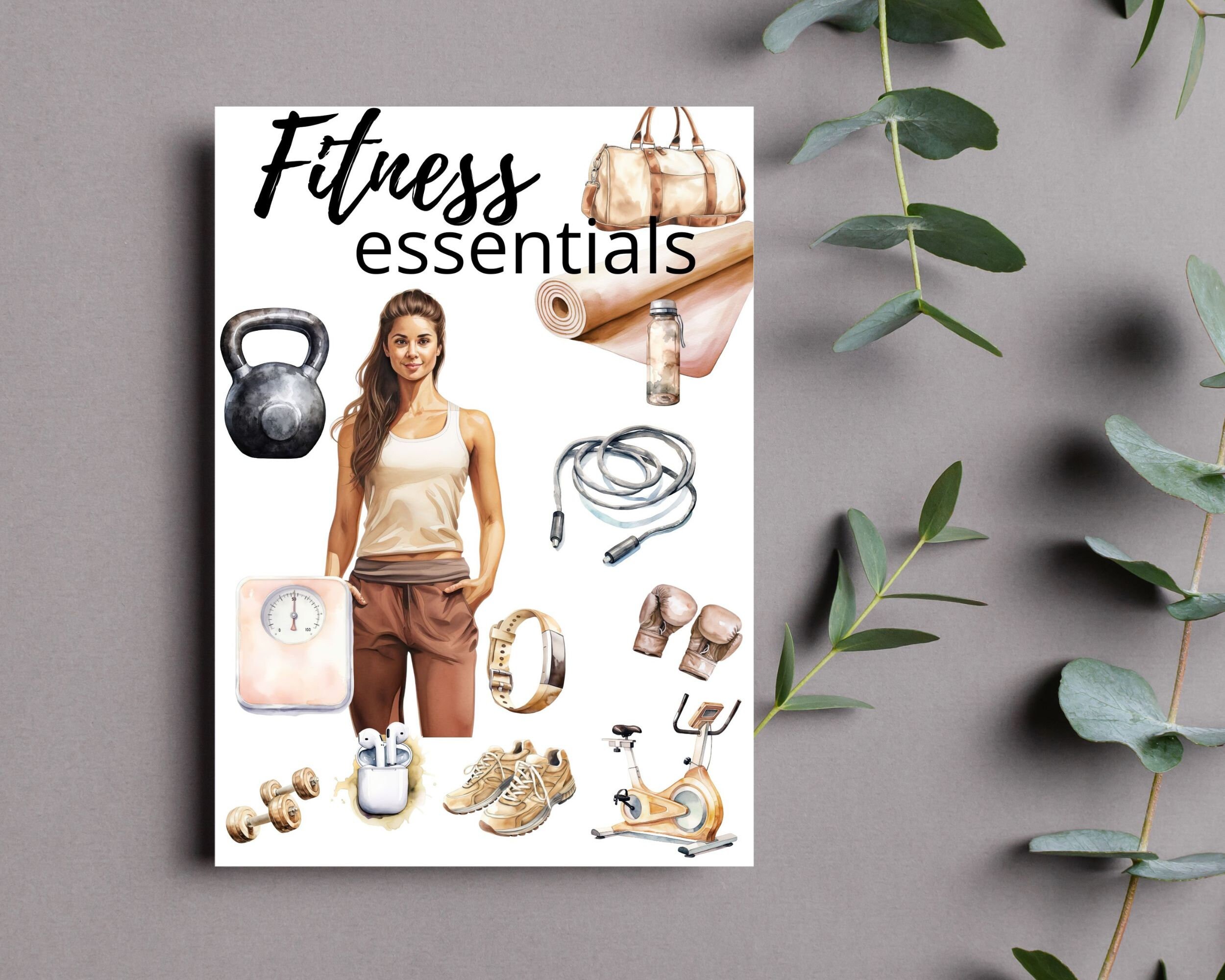 Fitness Girls Watercolor Clipart Bundle, Beige Gym Equipment ...